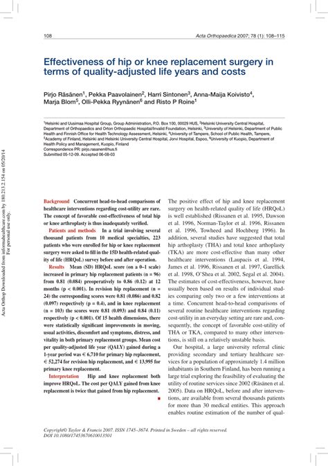 Pdf Effectiveness Of Hip Or Knee Replacement Surgery In Terms Of