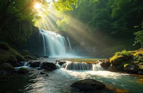 Waterfall Cascades Wild Forest Stream Sunbeam Peaceful Nature Scene
