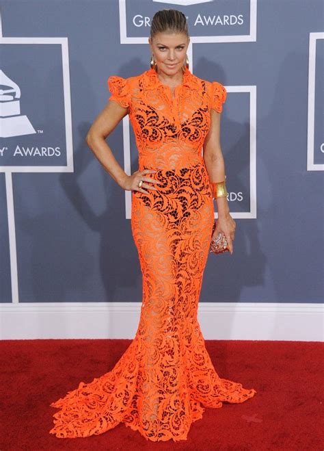Fergie 2012 Orange Lace Dress Iconic Dresses Grammy Fashion