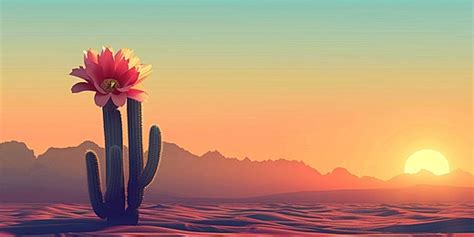 선인장과 모래 언덕 생성 Ai가 있는 사막 풍경의 3d 밝고 화려한 일몰 사막 풍경에 3d 밝고 화려한 일몰 선인장과 모래