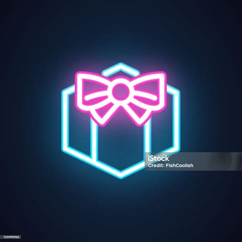 나비 네온 아이콘선물 상자 형광 인사말 기호입니다 검은 색에 고립 된 빛나는 기호를 제시하십시오 휴일 판매 콘테스트 경품 및 기타 이벤트에 대한 벡터 인사말 카드의 이미지