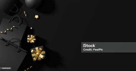 블랙 프라이데이 판매 배너 컨셉 디자인 쇼핑백과 선물 상자를 검은 배경에 복사 공간 3d 렌더링 3차원 형태에 대한 스톡 사진 및 기타 이미지 Istock