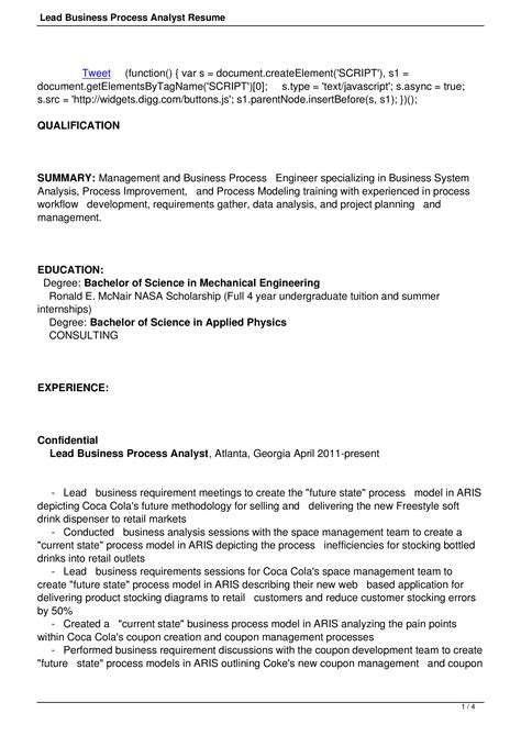 Kostenloses Business Process Analyst Resume