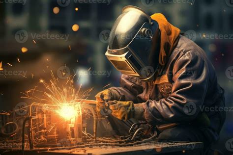 Welder Wearing Welding Gear With Sparks A Skilled Welder In The