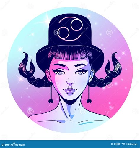 Cancer Zodiac Sign Artwork Beautiful Girl Face Horoscope Symbol Star Sign Vector