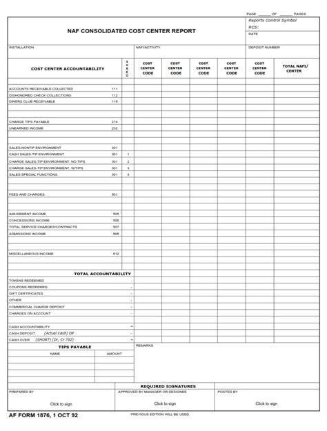 Af Form 1876 Naf Consolidated Cost Center Report Af Forms