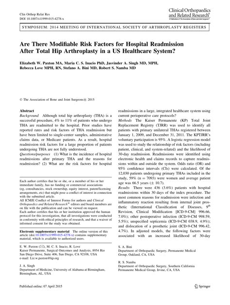 Pdf Are There Modifiable Risk Factors For Hospital Readmission After Total Hip Arthroplasty In