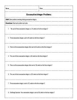Consecutive Integers Problems By Krash Course Algebra TPT