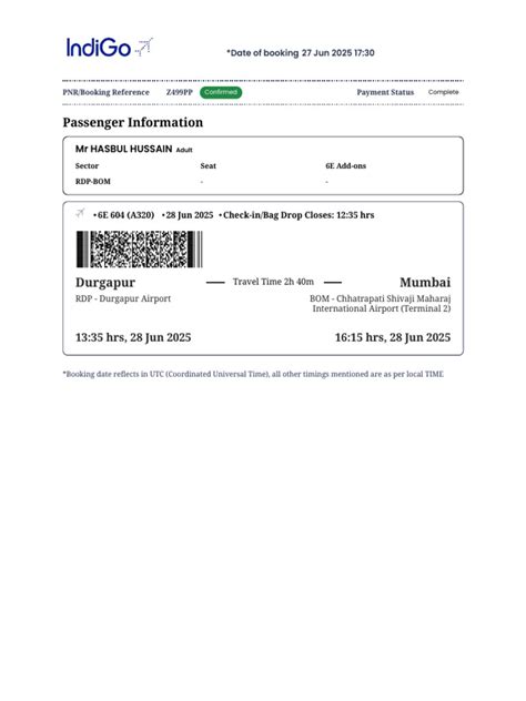 Mr Hasbul Hussain Rdp Bom Itinerary Pdf Airport Travel Visa