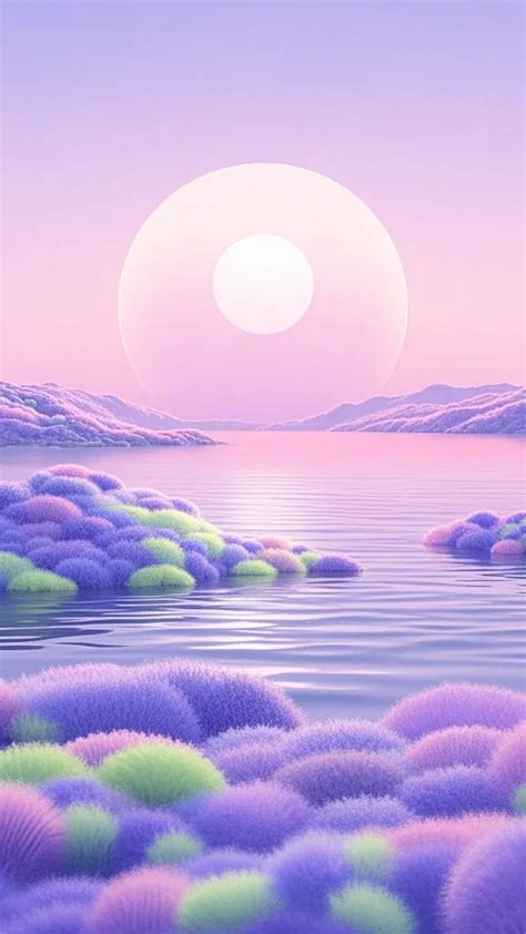 超现实主义插画，极简设计，朦胧美，宁静神秘，清新自然，水天一色，颗粒全息打印，宏观镜头，色彩明亮柔和，内容简洁，毛毡质感