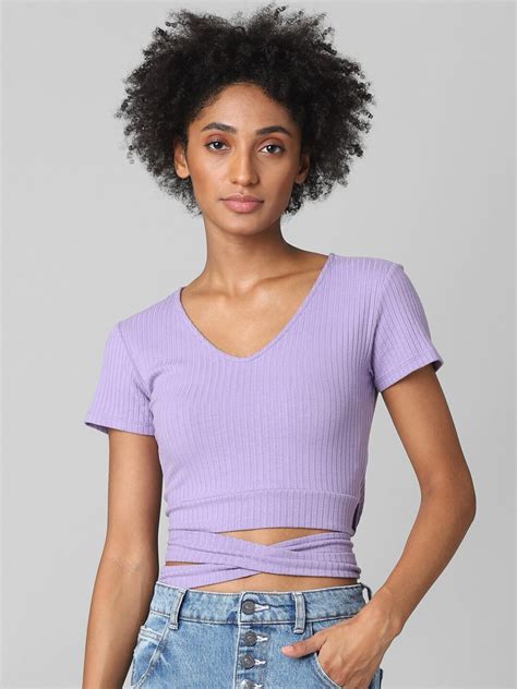 Buy Only Women Purple V Neck Raw Edge Slim Fit T Shirt Tshirts For