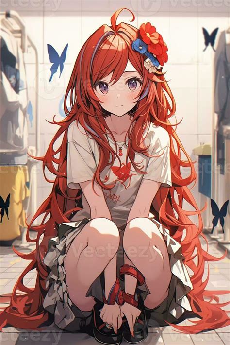 Pretty Anime Girl With Red Hair Pulled Back Created With Generative Ai