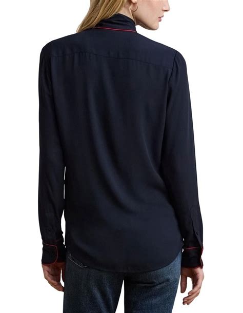 Lauren Ralph Lauren Two Tone Georgette Tie Neck Blouse In Blue Myer