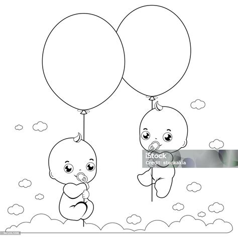 풍선을 들고 하늘에 있는 아기 쌍둥이 벡터 흑백 색칠하기 페이지입니다 컬러링 북 페이지 일러스트레이션 기법에 대한 스톡 벡터