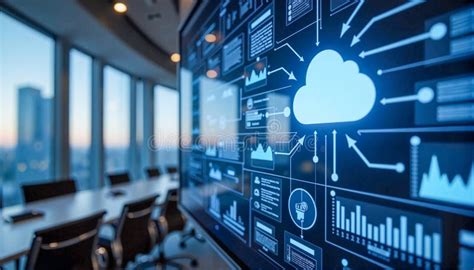 Cloud Computing Dashboard Displayed In A Modern Conference Room With Urban Skyline View Stock