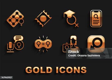 성 평등 데이트 앱 남성 성별 페미니스트 활동가 마이크 교사 피임약 포장 및 콘돔 패키지 아이콘을 설정합니다 벡터 건강관리와 의술에 대한 스톡 벡터 아트 및 기타 이미지