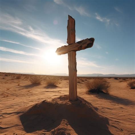 Una cruz en medio de un desierto con el sol detrás Foto Premium