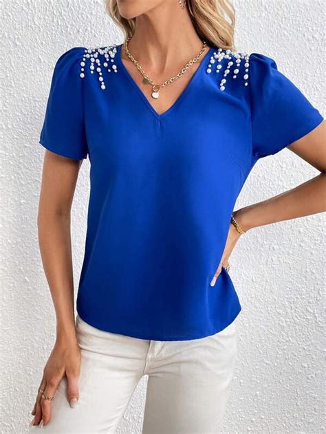 Shein Privé Pearls Beaded Puff Sleeve Blouse Shein Usa