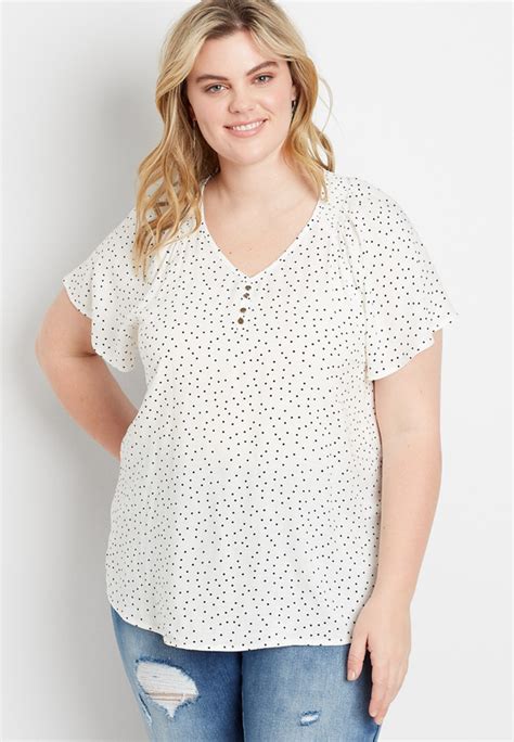 Plus Size White Polka Dot Flutter Sleeve Button Front Top Maurices