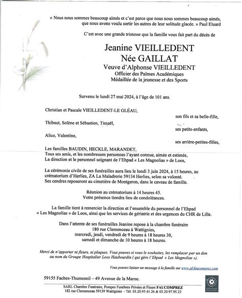 Madame Jeanine Vieilledent Née Gaillat Pompes Funèbres Faucomprez
