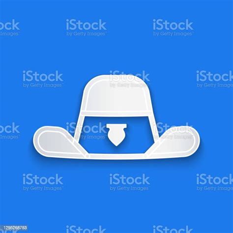 파란색 배경에 분리된 배지 아이콘이 있는 보안관 모자를 종이 로 잘라냅니다 종이 아트 스타일 벡터 0명에 대한 스톡 벡터 아트 및 기타 이미지 Istock