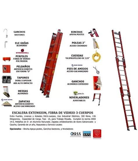Escalera Certificada Tipo Extension Fibra 3 Cuerpos De Fibra De Vidrio