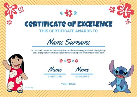 Certificado De Lilo Stitch Dibujo A Mano De Estilo Lineal Plantilla