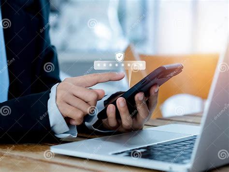 Two Steps Authentication Concept Virtual Safety Shield Icon While Access On Phone With Laptop