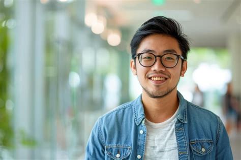 Smiling Asian Man Glasses Portrait Business Technology Concept