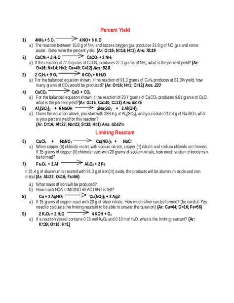 P4 Stoichiometry Practice With Percent Yield And Limiting Reactant Percent Yield 1 4nh 3 5