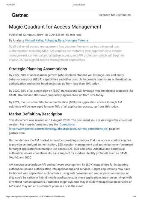 Gartner Magic Quadrant For Access Management August DocsLib