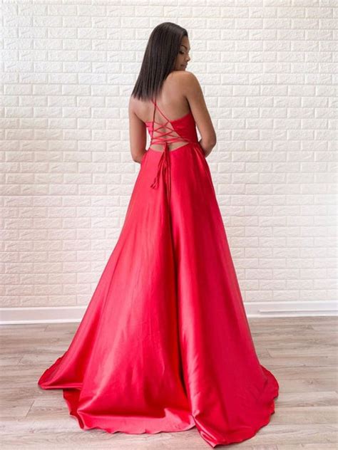 Simple A Line V Neck Red Satin Long Prom With Slit V Neck Red Formal