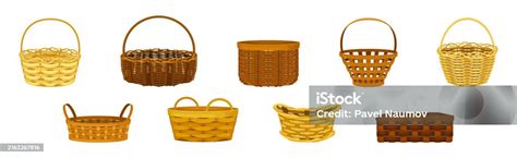 고리 버들 세공 바구니 손으로 만든 밀짚 용기 손잡이 벡터 세트 바구니에 대한 스톡 벡터 아트 및 기타 이미지 바구니