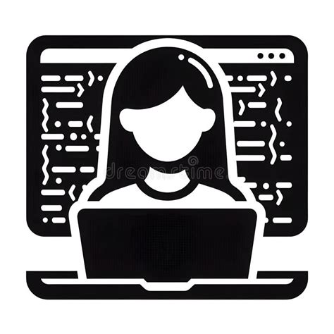 Minimalist Black And White Illustration Of A Female Programmer Working On A Laptop With Code