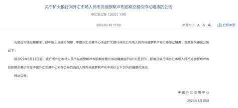 中国外汇交易中心：银行间外汇市场人民币兑俄罗斯卢布即期交易价浮动幅度由5扩大至10 银行频道 和讯网