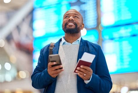 Airport Passport And Black Man With Phone For Ticket Booking Schedule
