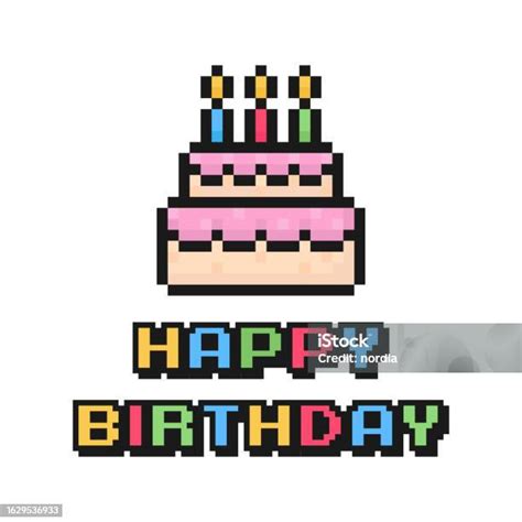 생일 축하 카드 픽셀 아트 엽서 80년대 90년대 오래된 아케이드 게임 스타일 향수 생일 케이크 벡터 일러스트레이션 모자이크 처리에 대한 스톡 벡터 아트 및 기타 이미지