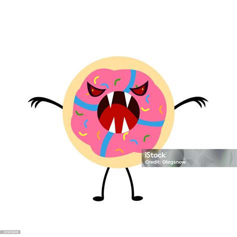 성난 빨간 눈과 날카로운 송곳니와 입을 벌리고 있는 도넛 몬스터 만화 캐릭터 날카로운에 대한 스톡 벡터 아트 및 기타 이미지