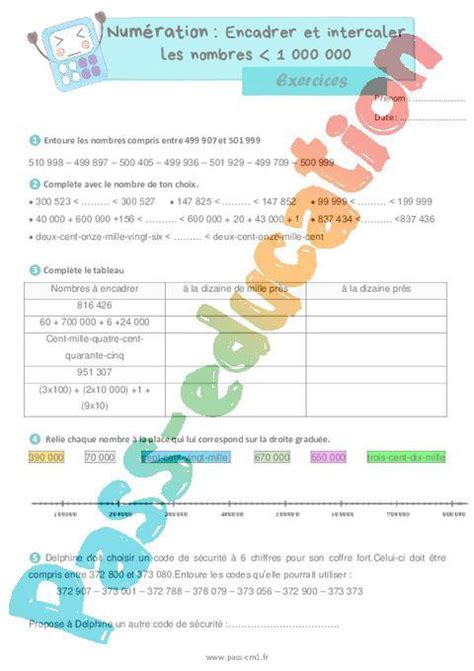 Encadrer intercaler les nombres inférieur à 1 000 000 Exercices de