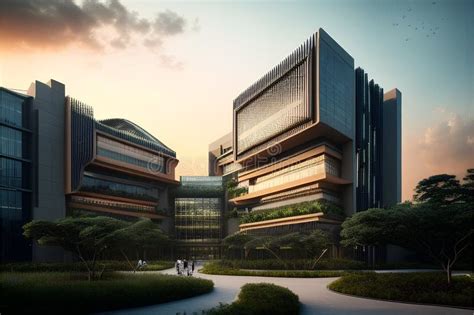 Modern Office Building In The City At Sunset 3d Render Stock