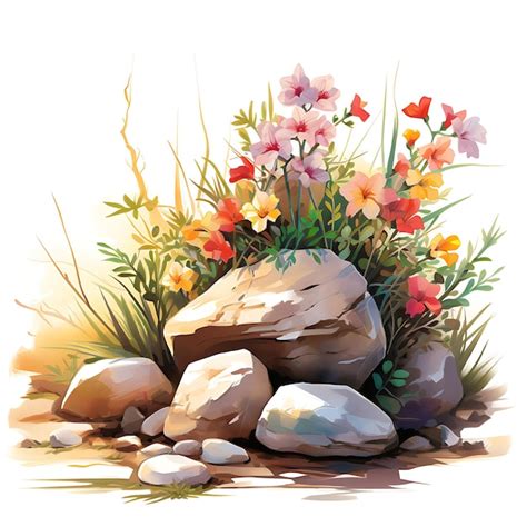 Acuarela De Flores De Seda Y Marcadores De Jardín De Piedra Decoración