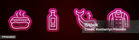 세트 라인 핫도그 샌드위치 보드카 한 병 고래 및 스웨터 빛나는 네온 아이콘입니다 벡터 겨자에 대한 스톡 벡터 아트 및 기타 이미지 Istock