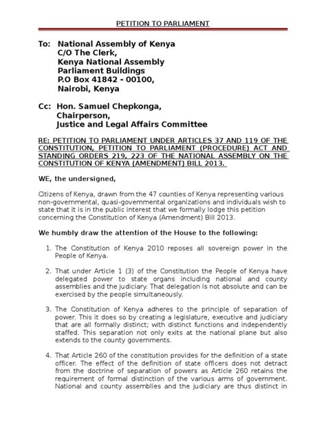 Petition To Parliament On Amendment To Article 260 Through Constitution