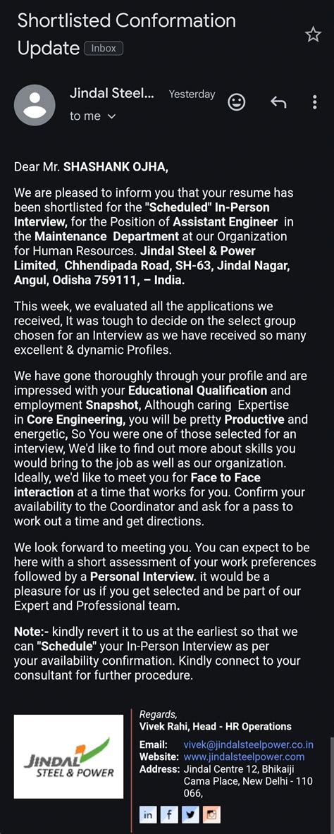 Shashank Ojha On Linkedin Dear Jindal Steel And Power Ltd I Recently Received An Email