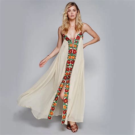 Buy Floral Embroidery Boho Maxi Dresses Summer Spaghetti Strap Lace Tied Slit
