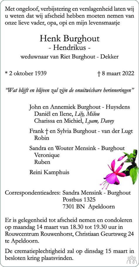 Henk Hendrikus Burghout 08 03 2022 Overlijdensbericht En Condoleances