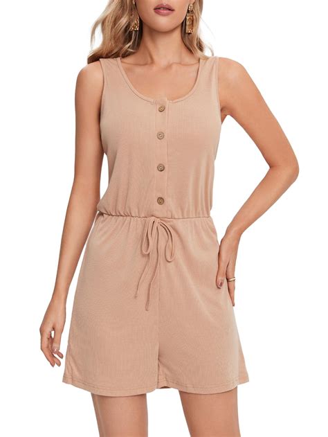 Rooscier Womens Casual Shorts Jumpsuit Scoop Neck Button Down