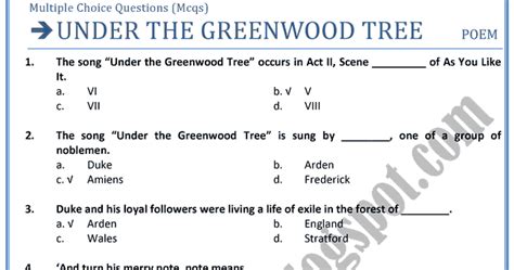 Practical Centre Under The Greenwood Tree Poem MCQs English XI