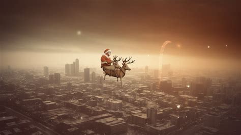 Santa Claus And His Reindeer Soaring Into The Sky On A D Sleigh Background Santa Flying Sled