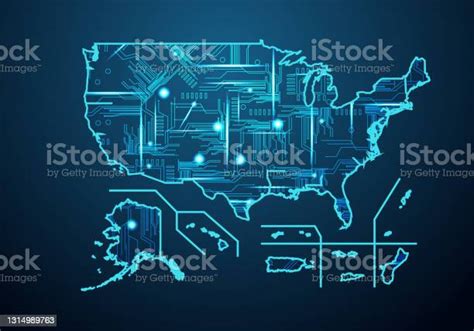 미국 영토의 추상적 미래지도 회로 기판 디자인 지역의 전기 기술 배경 맵으로 어두운 때매시 라인과 포인트 비늘 지도에 대한 스톡 벡터 아트 및 기타 이미지 Istock